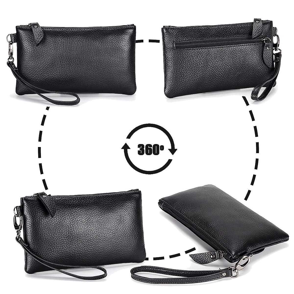 Karoukee Real Leather Wristlet Clutch Women Classic Cell Phone Wristlets Bag Minimalist Clutch Purse with Removable Wrist Strap (Black)