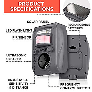 DURANOM Wild Animal Repeller Outdoor - Solar Ultrasonic and Audio Motion Sensor - Strobe Flashing Light Deer Repellent