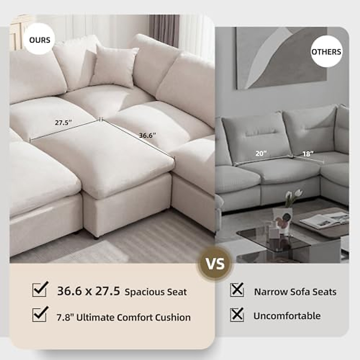 Siiejia Modular Sectional Sofa Modern Oversized Cloud Couch with Movable Ottoman 7 Seater L-Shaped Sofas Comfy Couches for Living Room Spacious Space Office Lounge, Beige