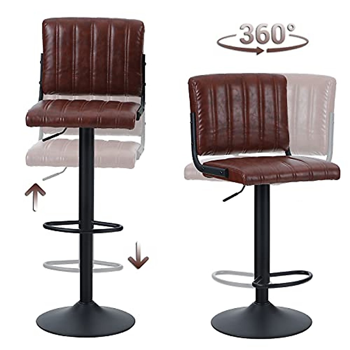 Sophia & William Kitchen Bar Stools Set of 2 Counter Height Adjustable Swivel Bar Stools with Back, Modern PU Leather Cushioned Counter Stools for Island Pub, Farmhouse, 300lbs ,Reddish Brown