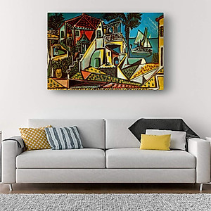 Picasso Famous Mediterranean Landscape Poster Canvas Wall Art for Living Room Decor Pictures Aesthetic Pictures for Kitchen Print Painting Artwork Bathroom Decorations Wall Bedroom Canvas Modern (36x24inch(90x60cm),Framed)