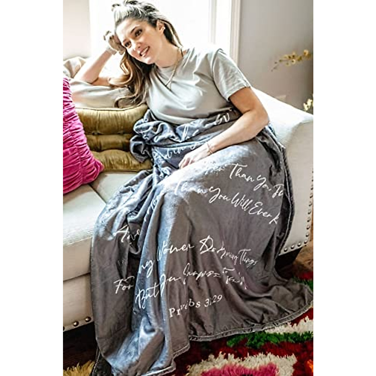 Double Creek Proverbs 31 Woman Lightweight Scripture Throw Blanket Inspirational Verses, Comfort Blanket 50"x 60" Gift for Women