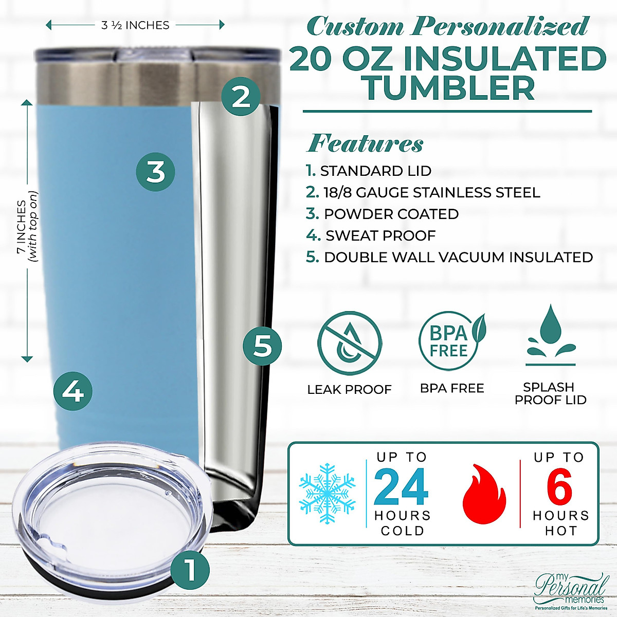 My Personal Memories Customized Personalized Stainless Steel Travel Tumbler with Lid - Engraved Double-Wall Vacuum Insulated for Him, Her Your Custom Text (20 oz, Carolina Blue)