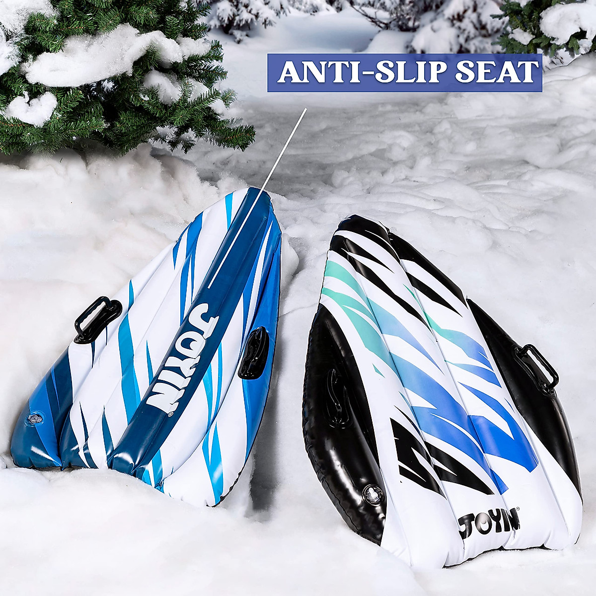 JOYIN Inflatable Snow Sleds (2 Pack), 40" Heavy Duty Snow Tube with Handles,Snow Sled for Kids and Adults Cold Resistant Winter Toys Gifts,Toboggan for Family Winter Outdoor Activities(Blue)