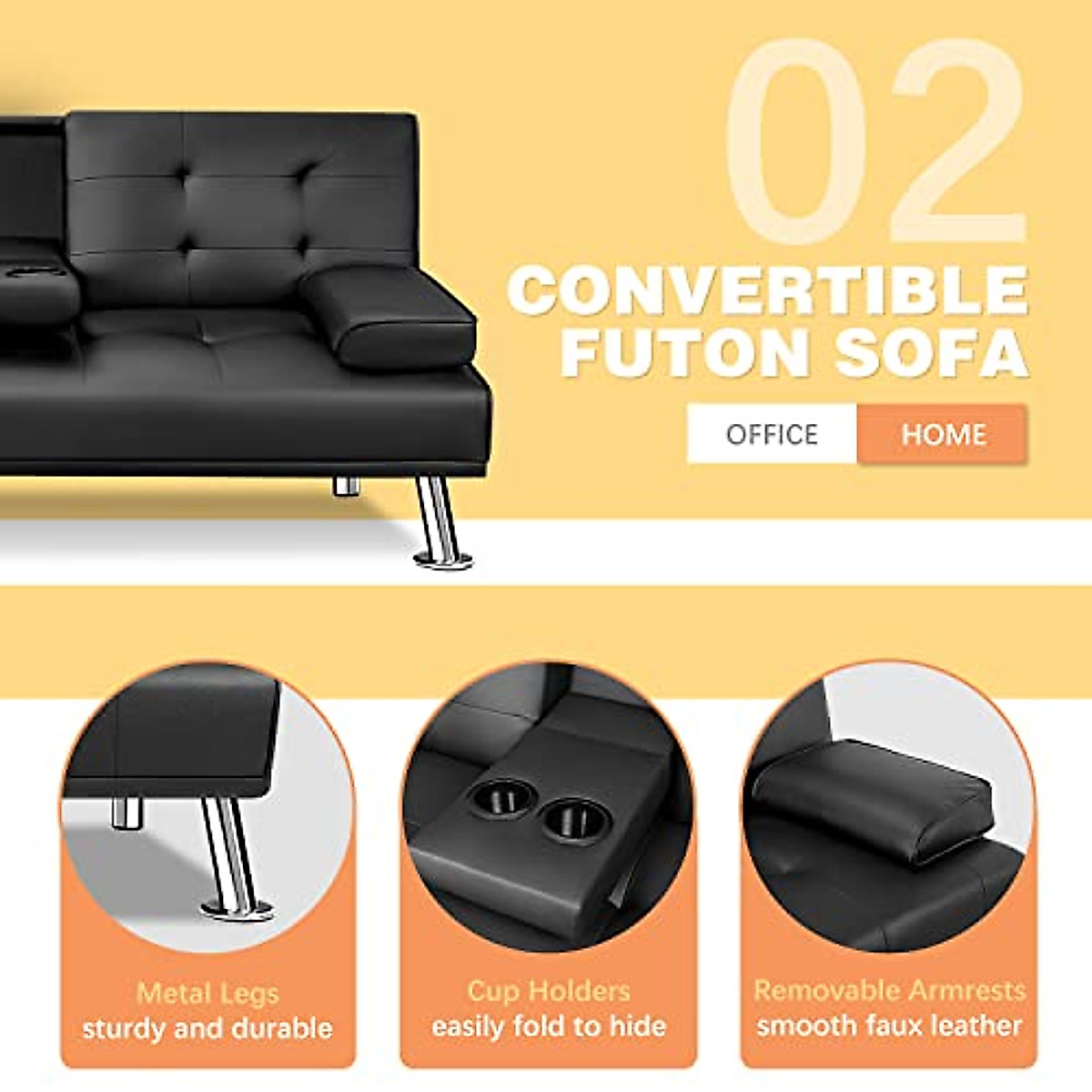 VICTONE Futon Sofa Bed Modern Faux Leather Couch Bed Convertible Folding Recliner for Living Room with 2 Cup Holders and Armrest (Black)