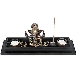 MyGift Mini Zen Garden with Ganesh Statue, Incense Stick Burner, Tealight Candle Holders, Decorative Rocks and Display Tray