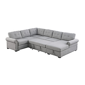 Sleeper Sofa with Pull Out Couch 6 Seater Modular Sectional Sleeper Sofa Bed with Storage Chaise, Fabric Sofa Sleeper Couch with Pullout Bed