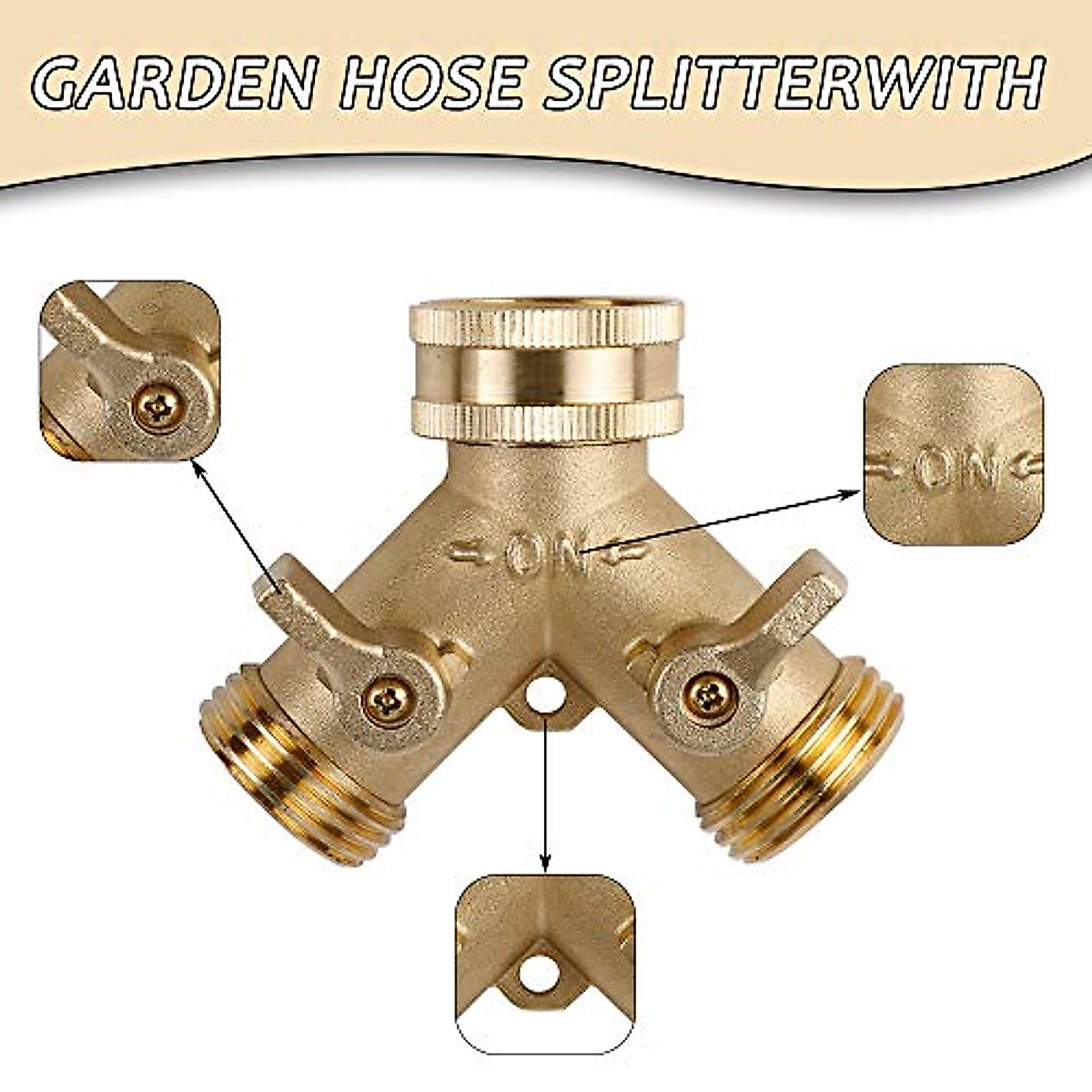 Triumpeek 3/4" Brass 2 Way Hose Splitter, Brass 2 Way Garden Hose Connector with 2 Pcs Garden Hose Coiled Spring Protectors and 6 Rubber Washers