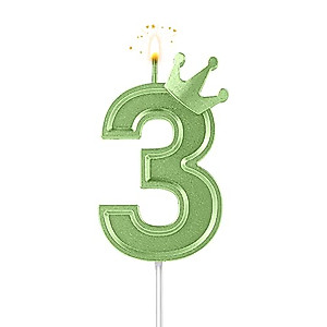 3inch Birthday Number Candle, 3D Candle Cake Topper with Crown Cake Numeral Candles Number Candles for Birthday Anniversary Parties (Green; 3)