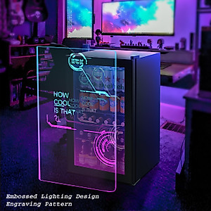 HCK Beverage Fridge, Small Bottle Fridge with Cyberpunk Modern Lighting, Mini Fridge 0-10 °C, Beer Fridge 3.5 cu.ft., For Gaming Room, Party, Black