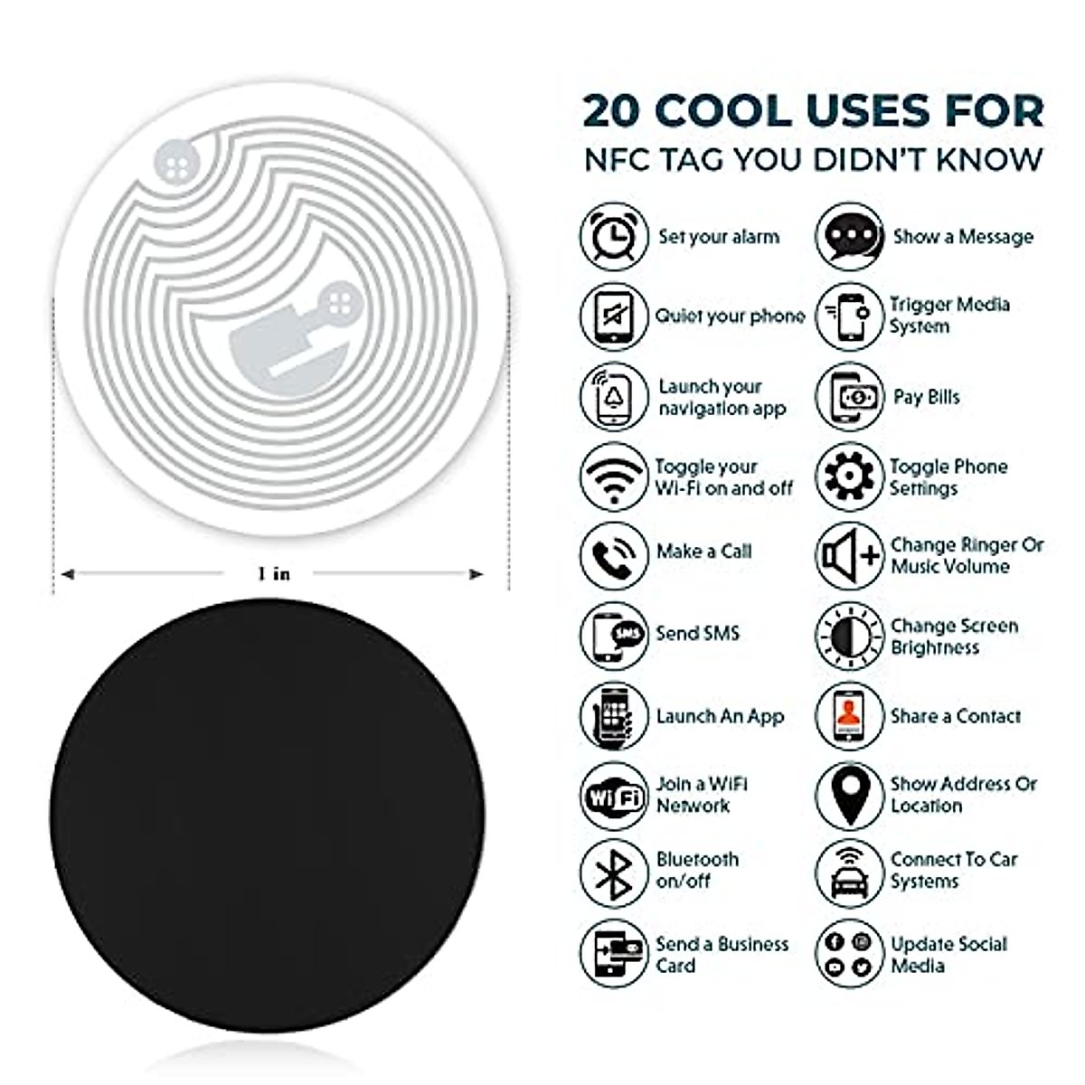 50pcs NFC Stickers NFC Tags Sticker NTAG215 Black NFC Stickers Round (25mm) Rfid Sticker, Blank NFC Tag 504 Bytes Programmable NFC Tag Sticker,Compatible with Android and All Other NFC Enabled Devices