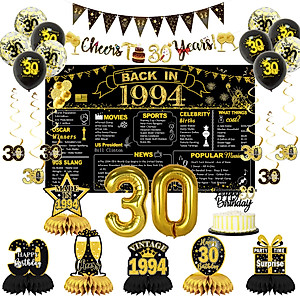 DARUNAXY 30th Birthday Party Decorations for Men Women, Black Gold Back in 1994 Banner, Gold 30 Number Balloons & Cake Topper, Vintage 1994 30 Birthday Honeycomb Hanging Swirl Confetti Balloons(27PC)