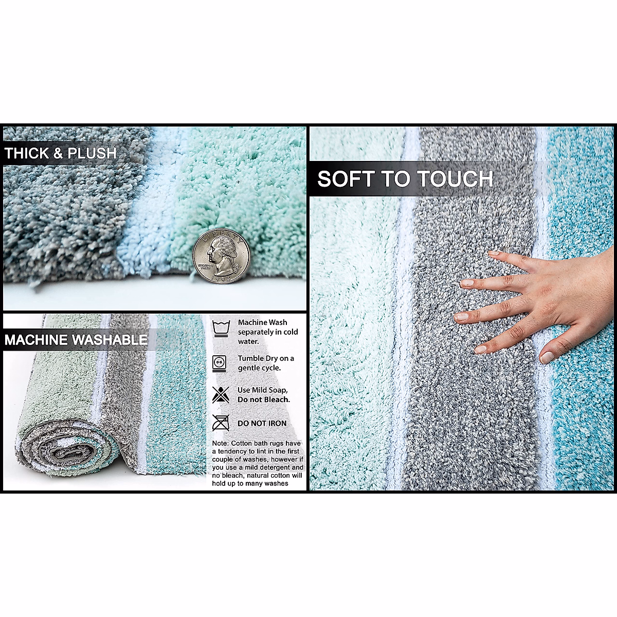 Chardin home Cordural Stripe Bath Rug Runner with Skid Resistant Latex Spray Underneath. Mint Green/Grey, 24" W x 60'' L