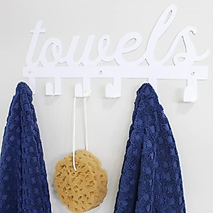 AuldHome White Towel Hanger w/ 6 Hooks, Farmhouse Style Towel Hanger Hooks for Wall/Door Mounted