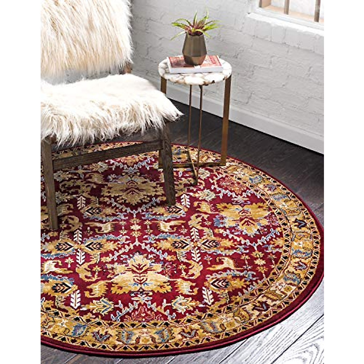 Unique Loom District Collection Farmhouse, Rustic, Border, Geometric Area Rug, 5' 0" x 5' 0", Red/Beige