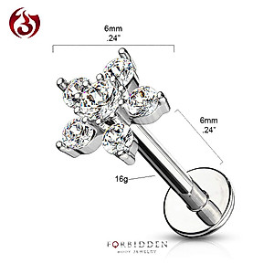 Forbidden Body Jewelry 16g 6mm Internally Threaded Cartilage/Tragus/Labret/Monroe Stud w/Double Tier Floral Top, Clear