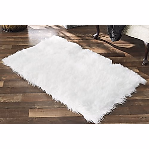 Silky Soft Faux Fur Rug, 2 ft. x 3 ft. White Fluffy Rug, Sheepskin Area Rug, Rectangle Rug for Living Room, Bedroom, Kid's Room, or Nursery, Home Décor Accent, Machine Washable with Non-Slip Backing