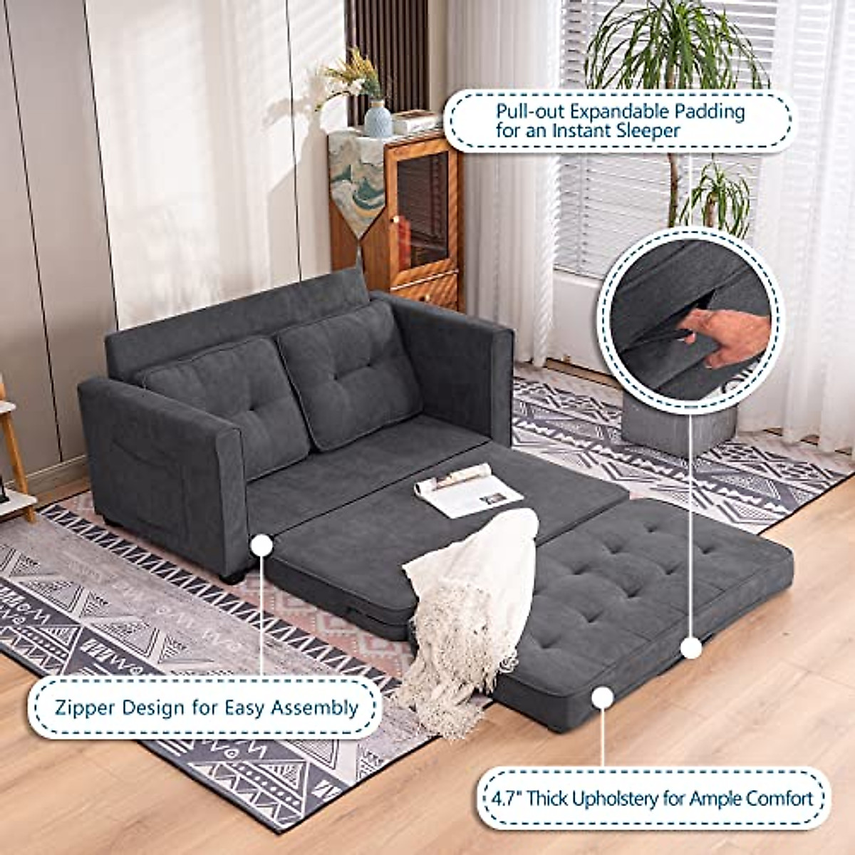 VINGLI Loveseat Sleeper, 80" Convertible Loveseat Sofa Bed Mid-Century Modern Sleeper Sofa Twin Floor Gaming Sofa Couch, Upholstered Fabric Futon Sofa for Living Room, Foldable Lazy Recliner Sofa,Grey