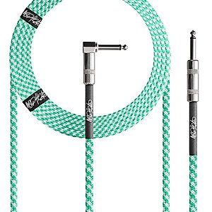 Mophead 15-Foot Guitar Instrument Cable - 1/4 Inch TS to 1/4 Inch TS Right Angle Pro Grade Double Insulated Tweed Braided for Electric Guitar, Bass, Amp, Keyboard (Green and White)