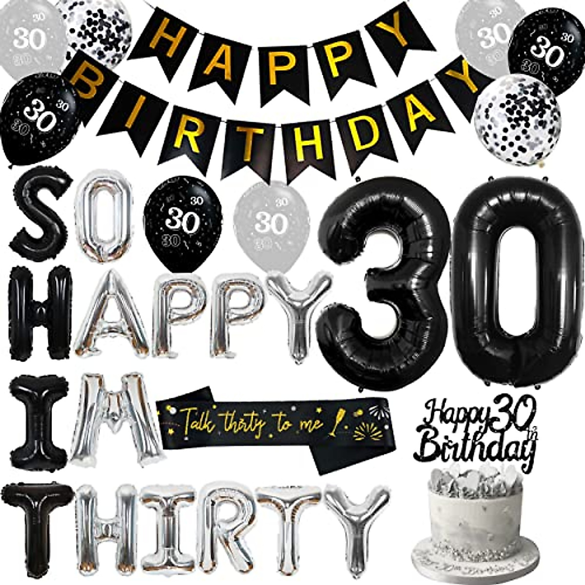 30th Birthday Decoration Black and Silver So Happy I’m Thirty Funny 30th Birthday Balloons for Men Women Talk Thirty to Me Sash Number 30 Foil Balloon Glitter Cake Topper