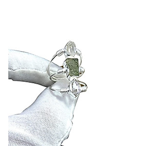 Natural Crystal & Moldavite Gemstone Ring, 925 Sterling Silver Ring, Raw Moldavite Ring, Handmade Ring, Shungite Ring, Birthstone Ring, Statement Ring, Gift for Mom, Rough Gemstone Ring, White