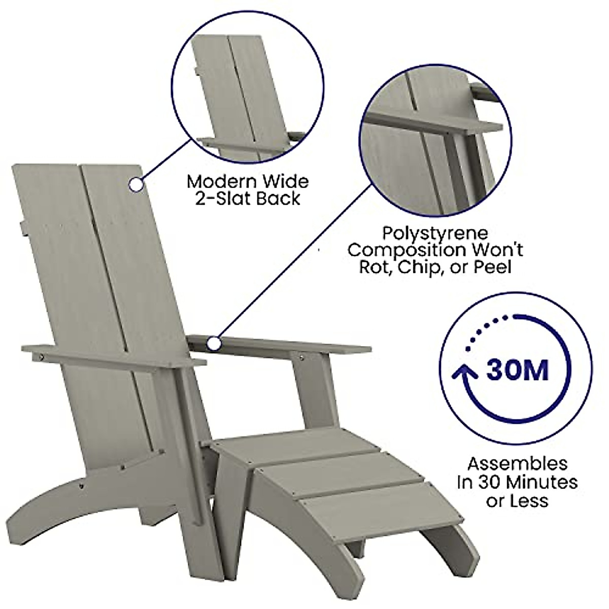 BizChair Set of 2 Modern All-Weather Poly Resin Wood Adirondack Chairs with Foot Rests in Gray