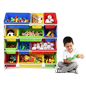 Humble Crew Kids Plastic 4 Set, Blue Table/Primary Chairs & White/Primary Kids' Toy Storage Organizer with 12 Plastic Bins