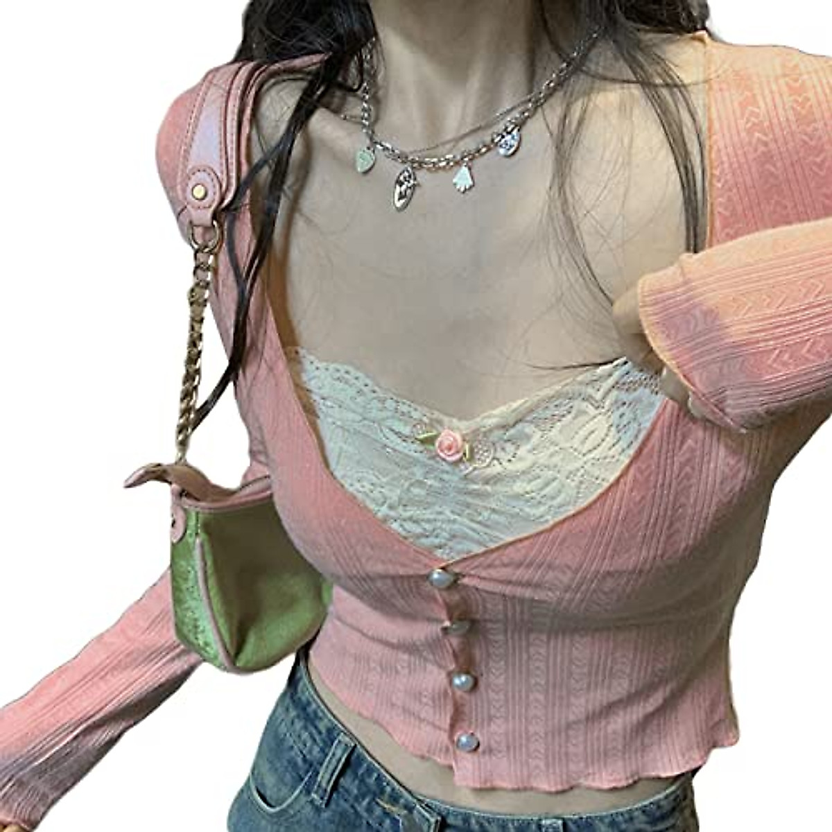 Y2K Women Lace Patchwork V-Neck Knitted Aesthetic Crop Tops Fall Long Sleeve Flim Fit Fairy Grunge Shirt E Girl Streetwear (Pink, S)