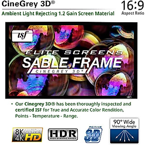 Elite Screens Sable Frame CineGrey 3D, 120-inch Diagonal 16:9, 8K 4K Ultra HD Ready Ceiling and Ambient Light Rejecting Fixed Frame Projector Screen, CineGrey 3D Projection Material, ER120DHD3