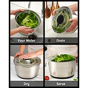 lily&stone Large Stainless Steel Pump Salad Spinner with Drain, Bowl, and Colander - Quick and Easy Multi-Use Lettuce Spinner, Vegetable Dryer, Fruit Washer, Pasta and Fries Spinner - 6.33 Qt