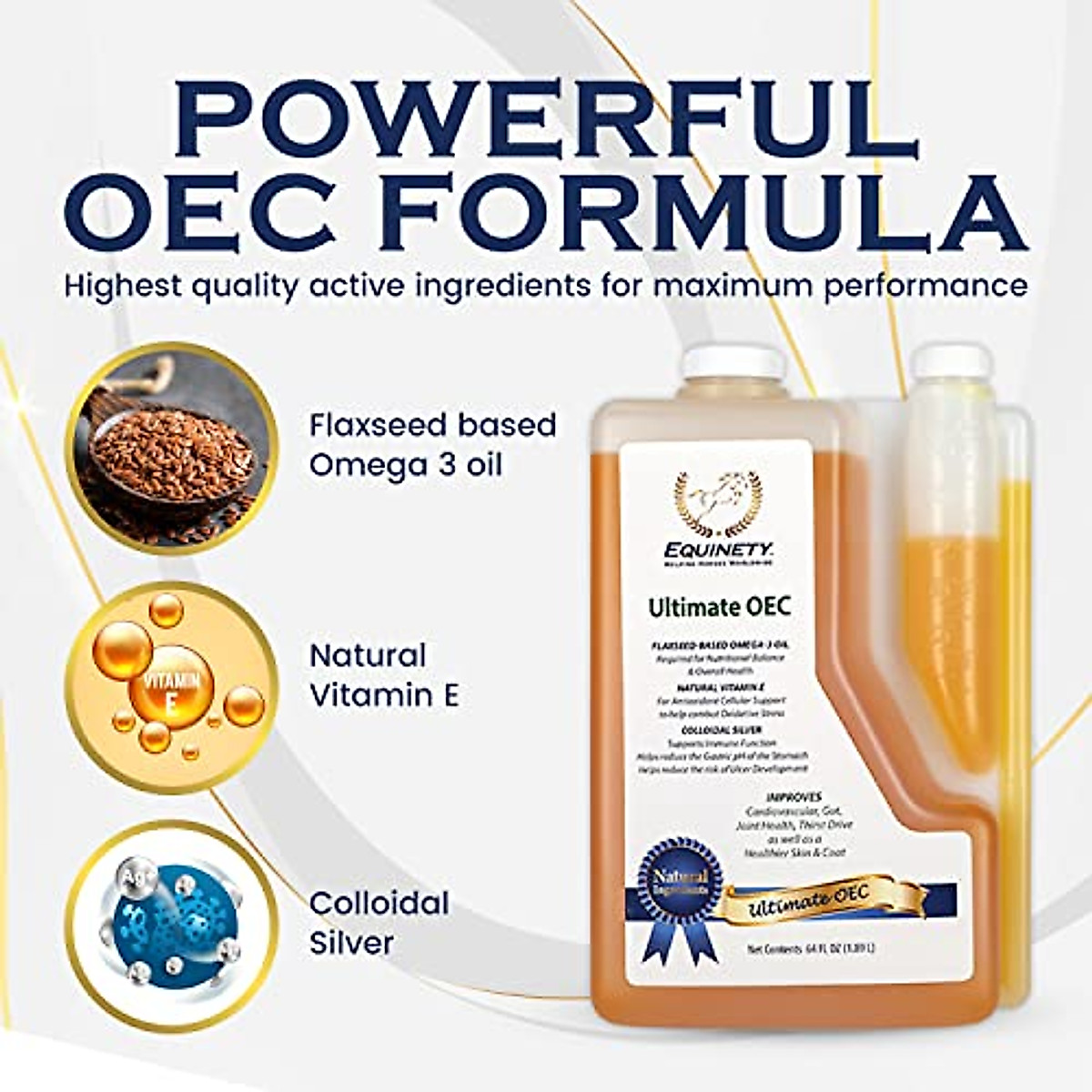 Ultimate OEC - Horse Omega 3 Supplement with Flax Seed Oil, Vitamin E Oil, and Colloidal Silver for Shiny Skin and Coat - Vet-Approved Horse Supplement for Immunity, Gut, Hoof & Bone Support