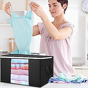 6 Pieces Large Clothes Storage Bag Organizer Foldable Clothes Storage Containers with Clear Window Sturdy Zipper Reinforced Handle Thick Fabric for Pillows Blankets Bedding Supplies, 2 Sizes (Black)