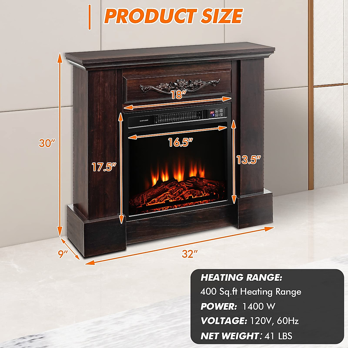 Tangkula 32’’Electric Fireplace with Mantle, Freestanding Fireplace Heater w/ 3D Realistic & Adjustable Flame, Remote Control, Overheat Protection, 1400 W Wooden Fireplace Mantel for Home (Brown)