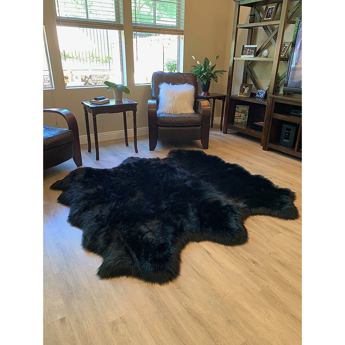LAMBZY Faux Sheepskin Super Soft Hypoallergenic Silky Shag Rug for Living Room, Kids Room, Sofa (Sexto 6 Pelts 6'x6', Black)