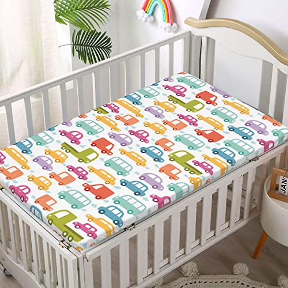 Cars Themed Fitted Crib Sheet,Standard Crib Mattress Fitted Sheet Toddler Bed Mattress Sheets -Baby Crib Sheets for Girl or Boy,28“ x52“,Multicolor