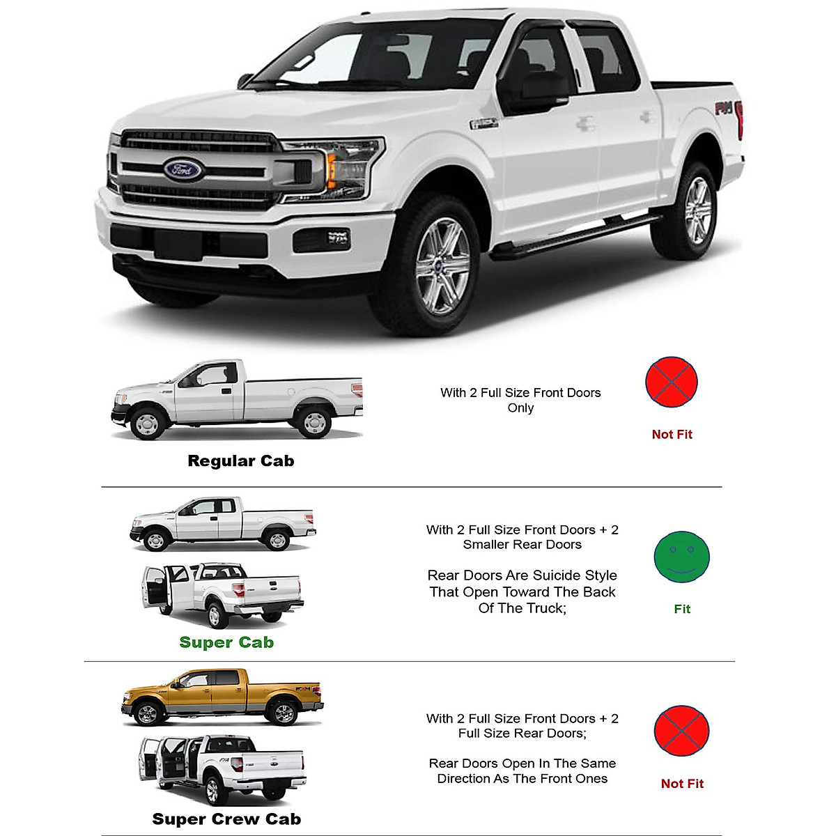 Side Window Visors Window Shade Rain Guards Vent Deflectors Fit Ford F150 1997-2003, F250 Light Duty Super Cab 1997-1999, 4PCS 94808