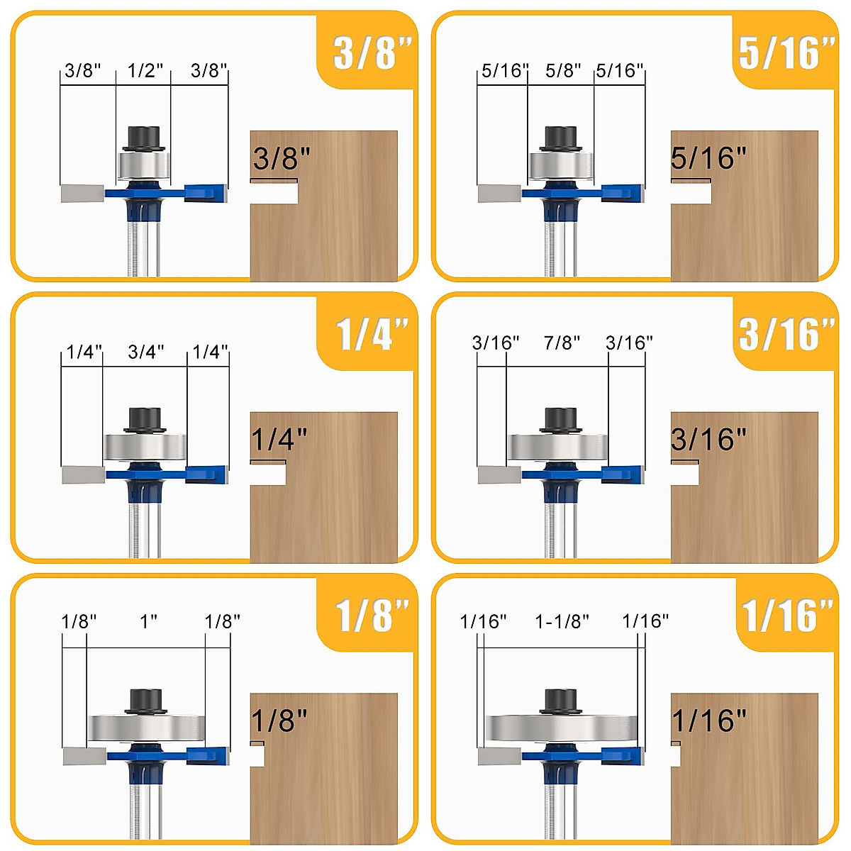 MEIGGTOOL 4Pcs Rabbet Router Bit 1/4" Shank with 6 Bearings Set - 1/16", 1/8", 3/16", 1/4", 5/16", 3/8". Interchangeable Bearings with 1/2" to 1/4" Router Collett