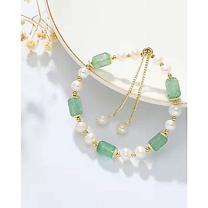 Natural Jade Pearls Bracelet Gold Wealthy Good Fortune Jade Bangle Amulet for Women, Lucky Jade Feng Shui Healing Crystal Bracelet