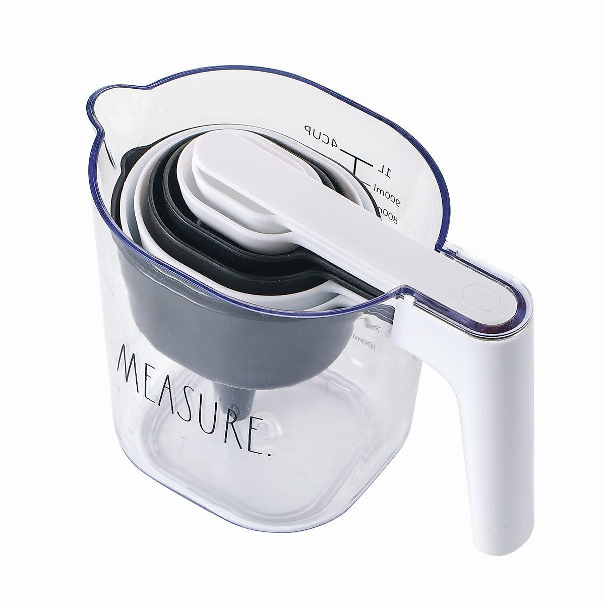 Rae Dunn Measuring Cup Set - 9 PC. Nesting Stackable Liquid Measure Cup, Dry Measuring Cups and Spoons with Funnel and Scraper - Nesting and Clicks Together for Easy Storage (Multi)