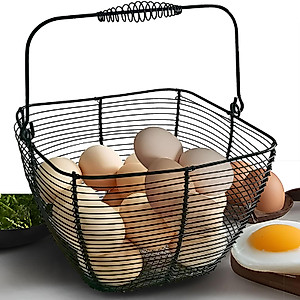 Black Square Wire Egg Basket For Fresh Egg with Handle,Famhouse Small Metal Egg Collecting Basket for Gathering Fresh Eggs Chicken Basket Decor for Kitchen Countertop Rustic Style