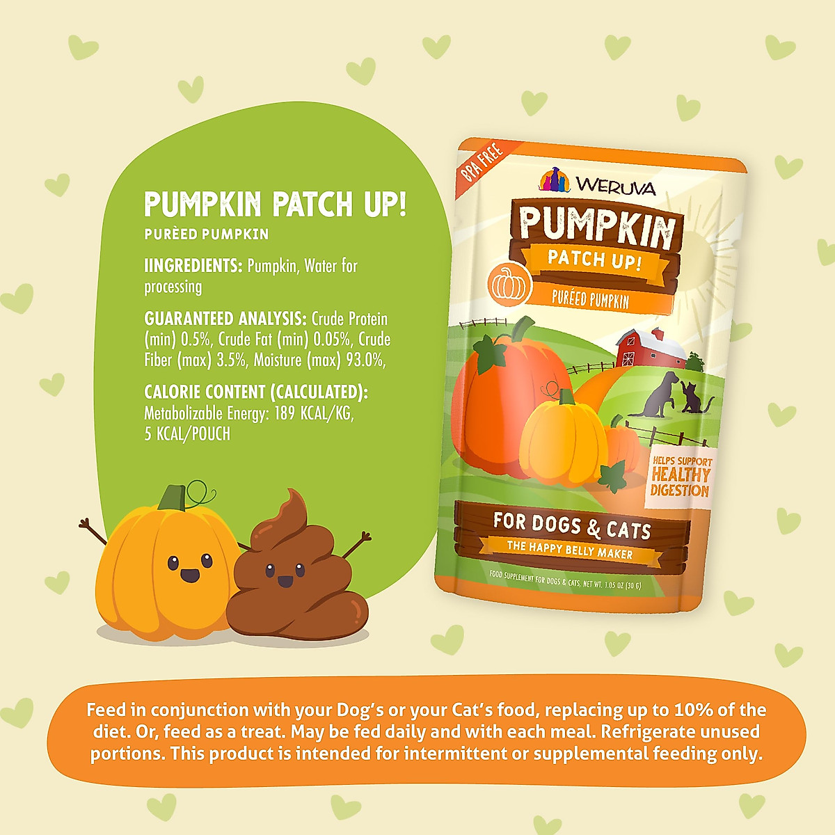 Weruva Pumpkin Patch Up! Pumpkin Puree Pet Food Supplement for Dogs & Cats, 1.05oz Pouch (Pack of 12)