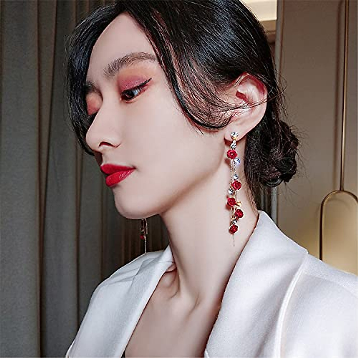 ANDPAI Unique Chic Long Tassel Chain Red Purple Rose Flower Dangle Drop Stud Earrings with White Sparkly Crystal for Women Statement Jewelry Gifts (Red)