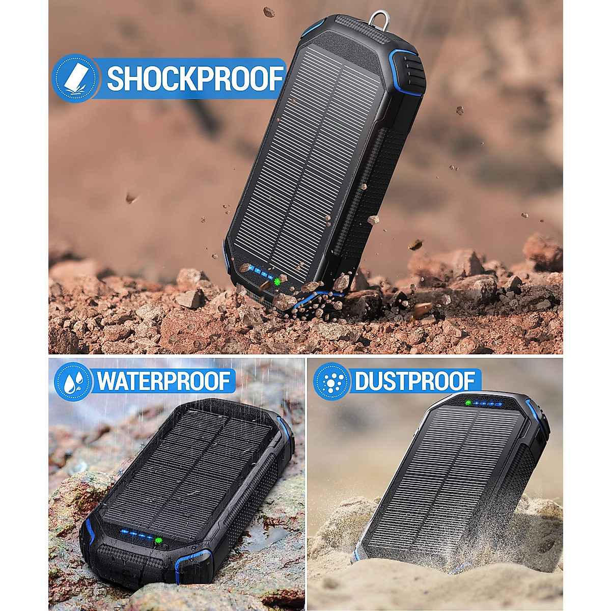 Jinepin 2 Pack of 36000mAh Solar Power Bank Solar Phone Charger, Built in 6 Cables, Wireless Portable Charger External Battery Pack with Led Flashlight