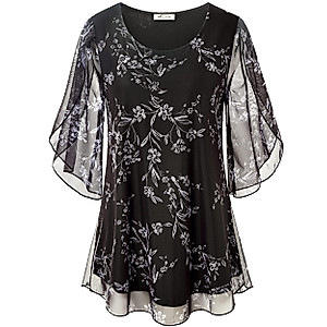 SeSe Code Chiffon Blouses for Women Business Casual Bell Sleeve Tops for Women Formal Tops Plus Size Tunic Tops Mesh Loose Fitting Tops Black XXL