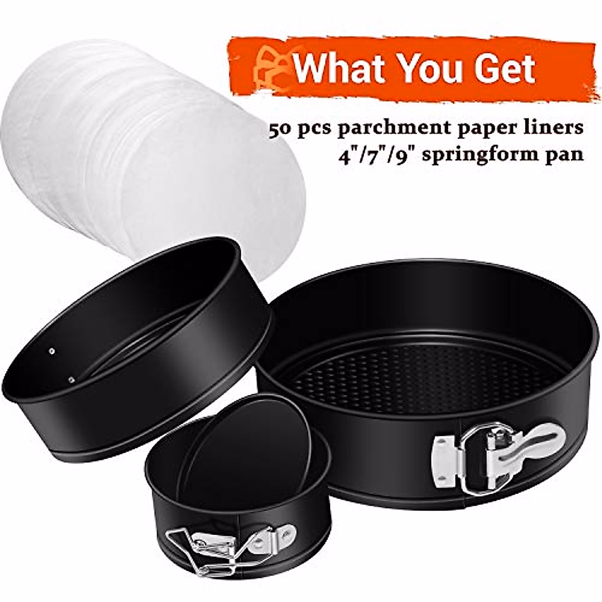 MASSUGAR Springform Pan Set of 3 - Nonstick Cheesecake Pan with Removable Bottom, Leakproof Round Cake Pan, Circle 3 Tiered 4" 7" 9 inch Spring form Pans for Baking with 50 Pcs Parchment Paper Liners