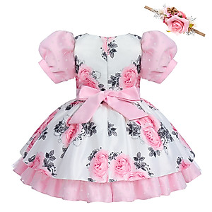 Baby Girl First Birthday Party Dress Headband Outfit Toddler Kids Flower Printed Short Sleeve Bowknot A-line Knee Length Lace Tutu Princess Dress for Pageant Wedding Bridesmaid Formal Pink 6-12M