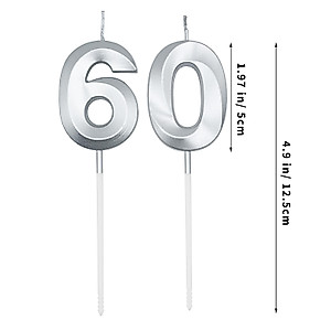 Silver 60th Birthday Candles for Cakes, Number 60 Candle Cake Cupcake Topper for Birthday Anniversary Party Decoration