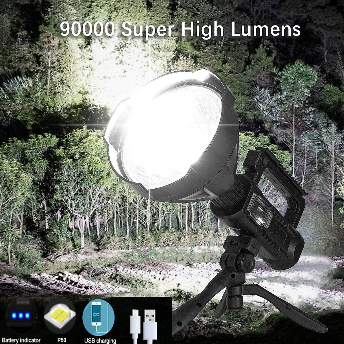 Rechargeable Spotlight, Super Bright 200000 Lumens Led Spot Lights Flashlight 8000 mAh Large Handheld Searchlight Long Lasting for Outdoor Hunting Boating Camping