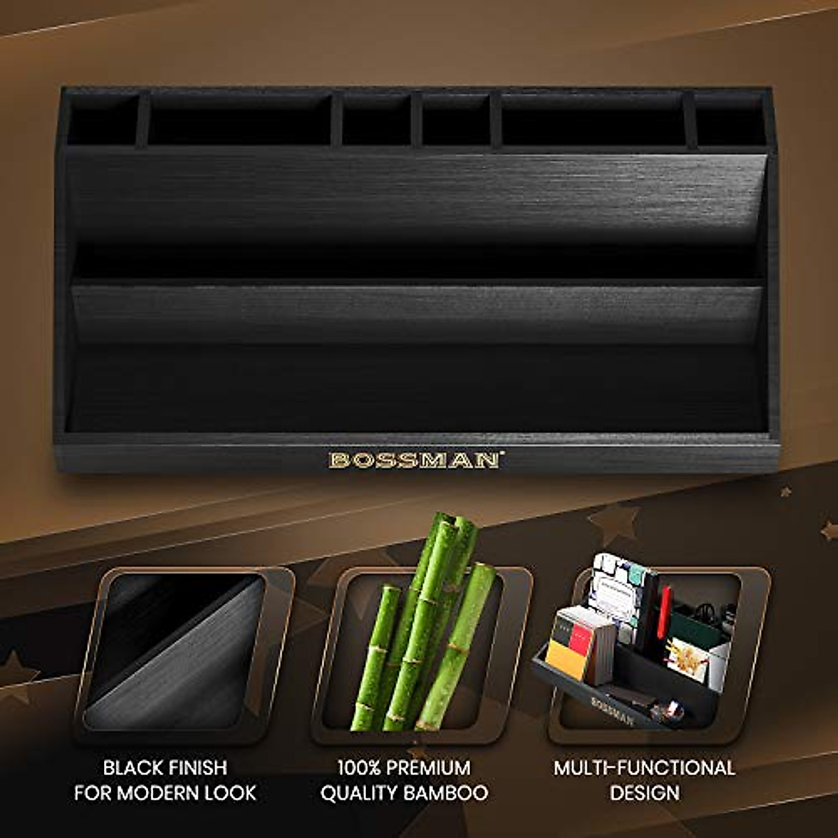 Bossman Bamboo Bathroom Countertop Organizer for Toiletries, Accessories and Grooming Products Storage and Counter Organization (Black)