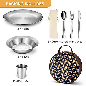 Odoland Bundle - 2 Items Portable LED Camping Lantern with Ceiling Fan and Polished Stainless Steel Camping dinnerware